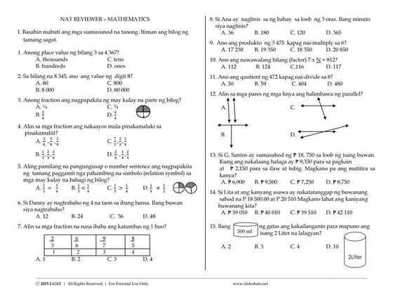 K to 12 Grade 3 MATHEMATICS NAT (National Achievement Test) | PDF