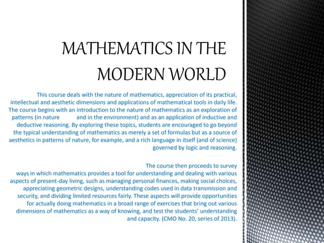 Mathematics in the Modern World Lecture 1 | PDF