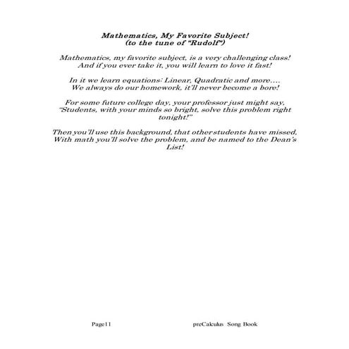 Mathematics, My Favorite Subject (preCalc Song Book p11) | PDF
