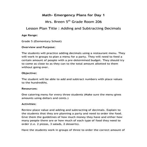 Math emergency plans | DOCX
