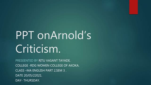 The Study of Poetry - Matthew Arnold | PPTX