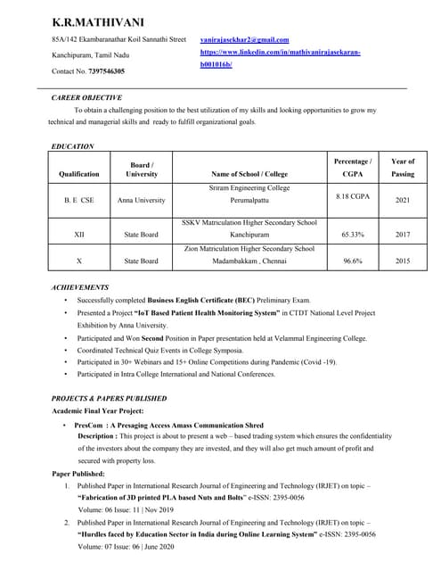 M.Tech freshers resume | PDF