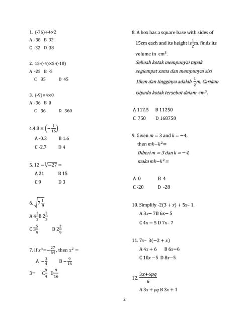 MID YEAR EXAMINATION MATHEMATICS YEAR 2 | DOCX | Education