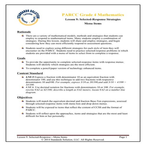 Math parcc 4 lesson 9 selected response strategy menu items ke | PDF