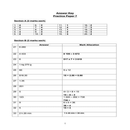 Math practice Paper 7 Answer Key | DOC