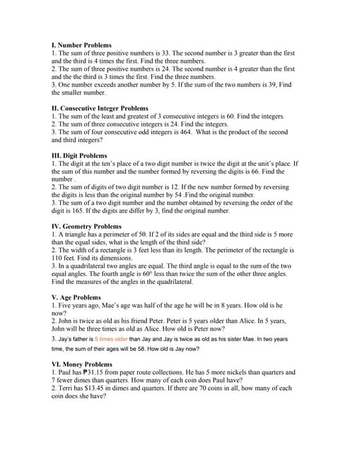 Linear word problem exercises one unknown | DOCX | Stamps and Coins ...