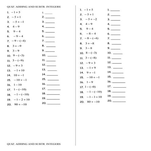 MATH: QUIZ- ADDITIONS AND SUBTRACTIONS. | DOC