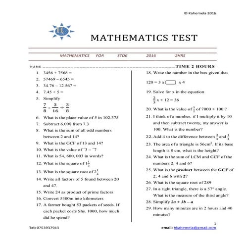 Maths class six 2014 (1) | PDF