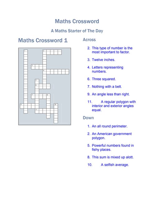 Math Crossword Puzzles With Answer Key