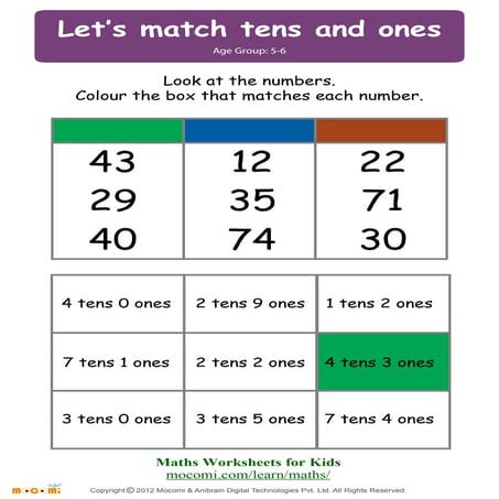 Let's Match Tens and Ones – Maths Worksheets for Kids – Mocomi.com