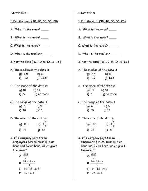 MATH: STATISTIC WORKSHEET | PDF MATH: STATISTIC WORKSHEET | PDF