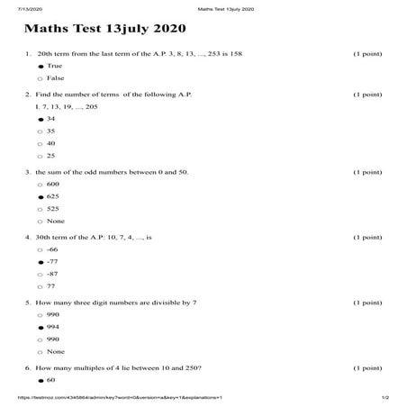 Maths test answer key | PDF