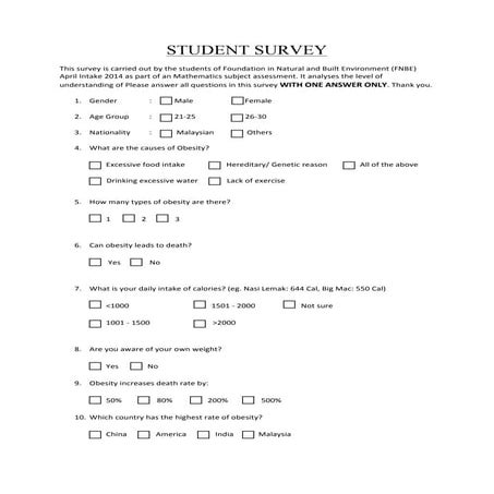MATHEMATICS FINAL PROJECT SURVEY FORM | PDF | Diabetes | Diseases and ...