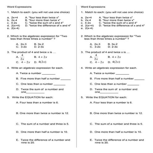 MATH: WORD EXPRESSIONS AND EQUATIONS | DOC