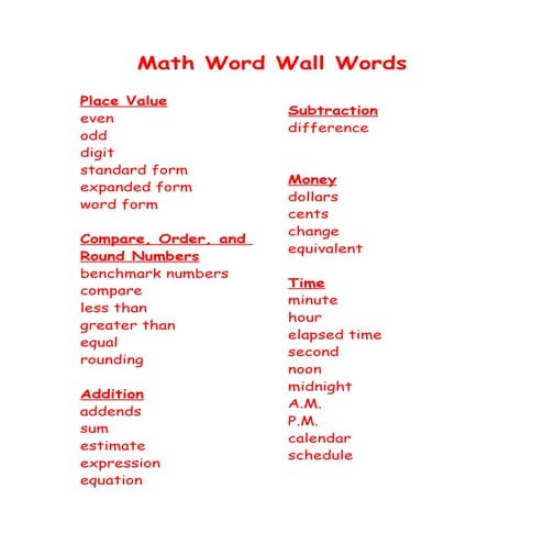 Math Word Wall Words 3rd Grade | DOC
