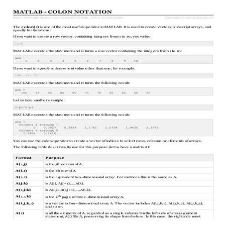 Matlab colon notation | PDF