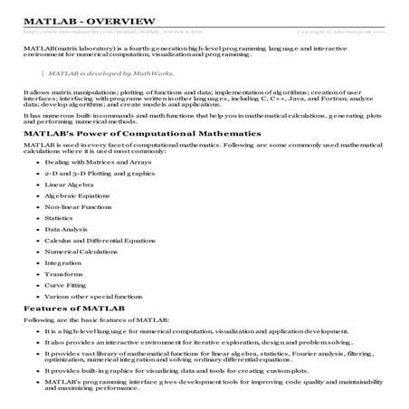 Matlab Overview Pdf Programming Languages Computing