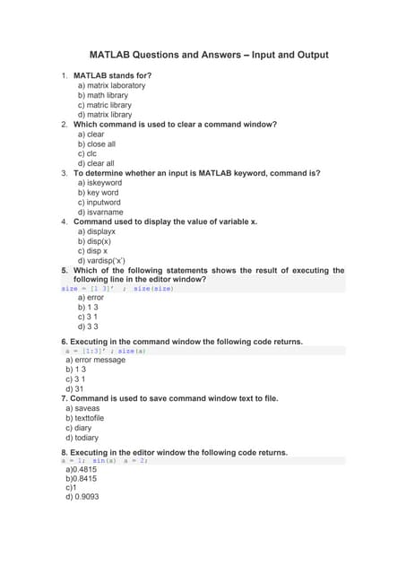 Matlab Questions And Answers Pdf