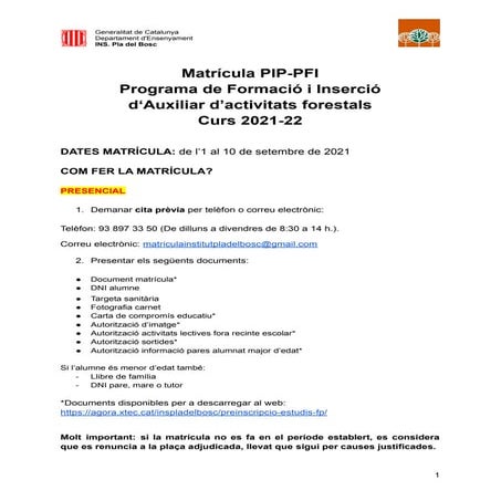 Matrícula pfi 21 22 | PDF