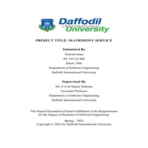 Matrimony Service Project Report - Nafizul Islam - Software Engineering - Daffodil International ...
