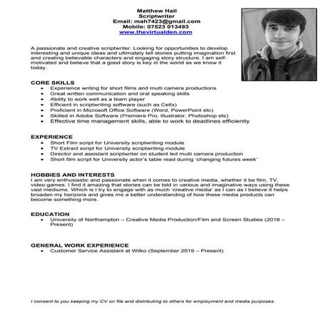 Matt Hall scriptwriter CV | PDF | Screenwriting | Content Production