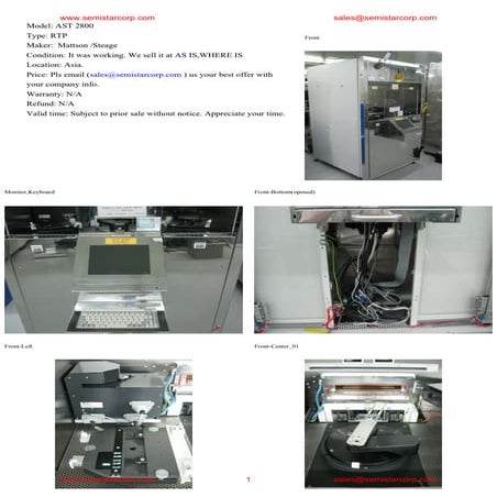 Mattson AST 2800 RTP 8 inch Rapid Thermal Processing Equipment | PDF ...
