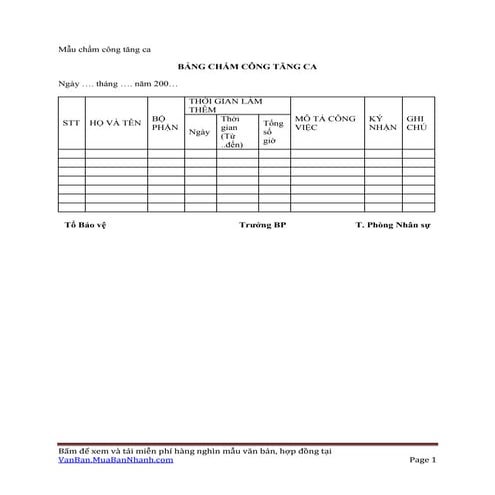 Mẫu chấm công tăng ca | PDF