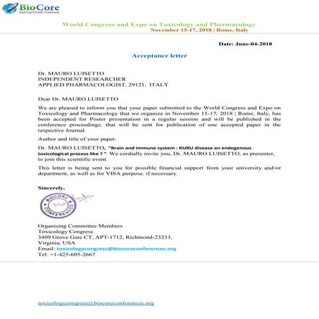 Mauro luisetto acceptance letter poster presentation world congress on ...