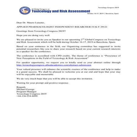 Mauro luisetto invitation global congress toxicology and risk ...