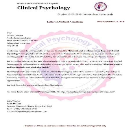 Mauro luisetto poster acceptance letter int. conference on clinical ...