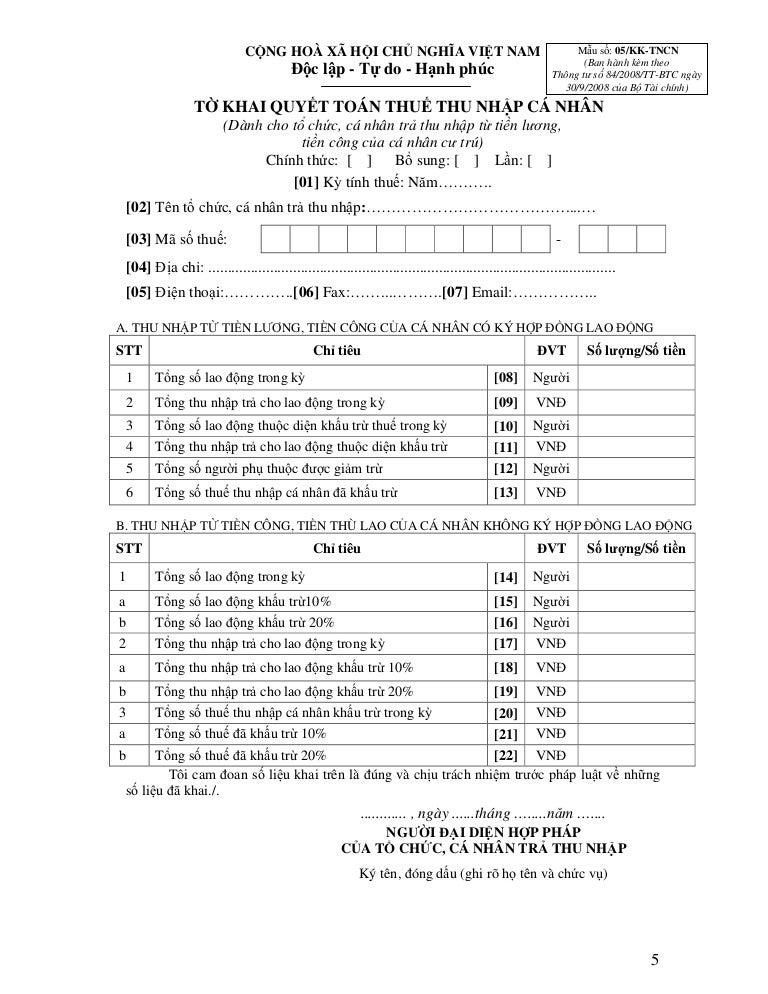 Mau so 05 kk tncn- to khai quyet toan thue tncn