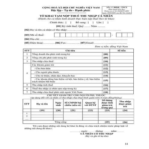 Mau so 08 kk tncn_ to khai tam nop thue tncn | PDF