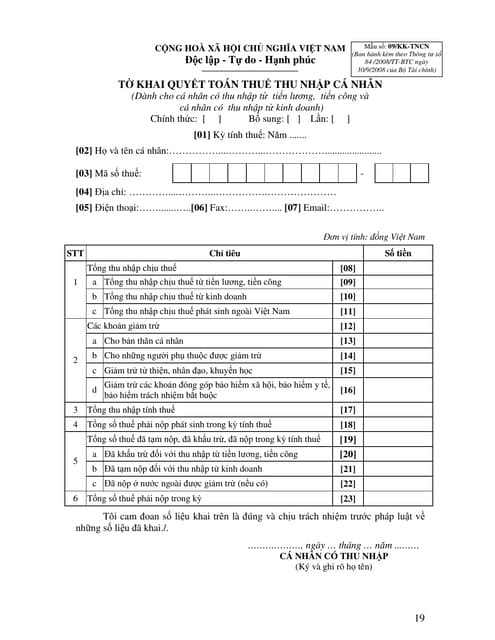 Mau so 10 kk tncn_to khai thue tncn | PDF