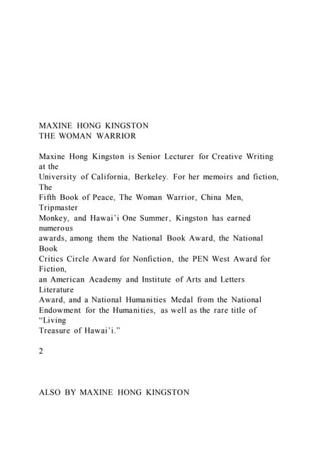 MAXINE HONG KINGSTONTHE WOMAN WARRIORMaxine Hong | PDF MAXINE HONG KINGSTONTHE WOMAN WARRIORMaxine Hong | PDF