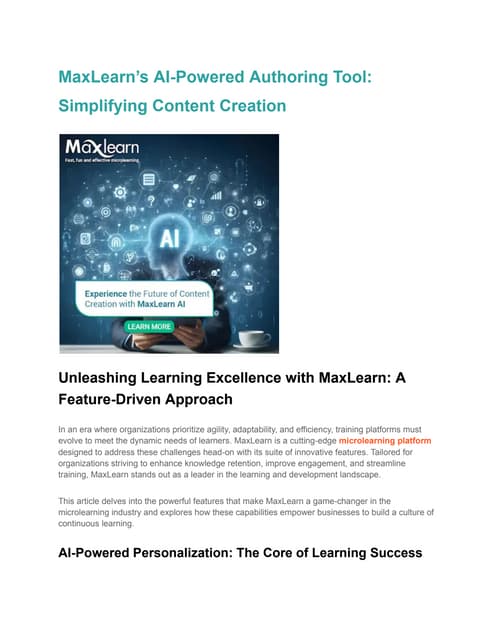 Maxlearns Ai Powered Authoring Tool Simplifying Content Creation Pdf