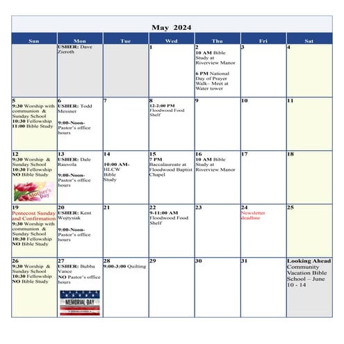 May 2024 Calendar of Events for Hope Lutheran Church | PDF