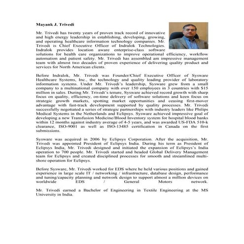 Mayank Trivedi Executive Profile Detailed | PDF