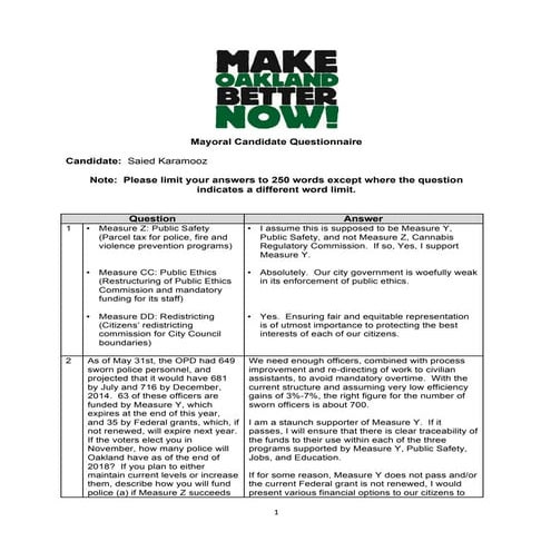 Oakland Mayoral Candidate Questionnaire 2014 - Saied Kamarooz | PDF