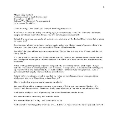 Mayor ballard re election announcement speech | PDF