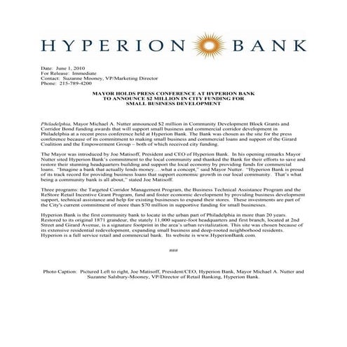 Mayor Nutter Press Conference at Hyperion Bank to Announce $25 Million ...