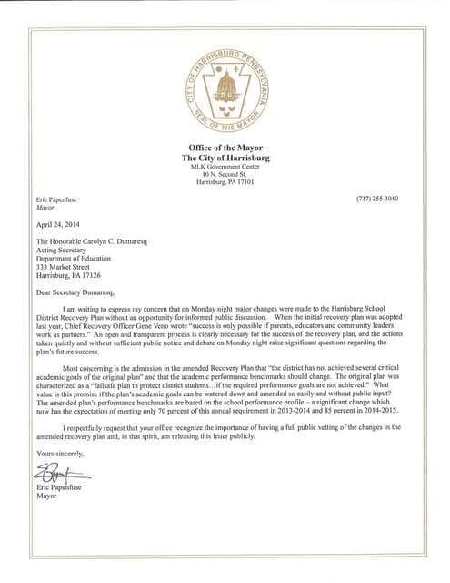 PA Dept of Ed Validation Letter of Harrisburg Recovery Plan | PDF