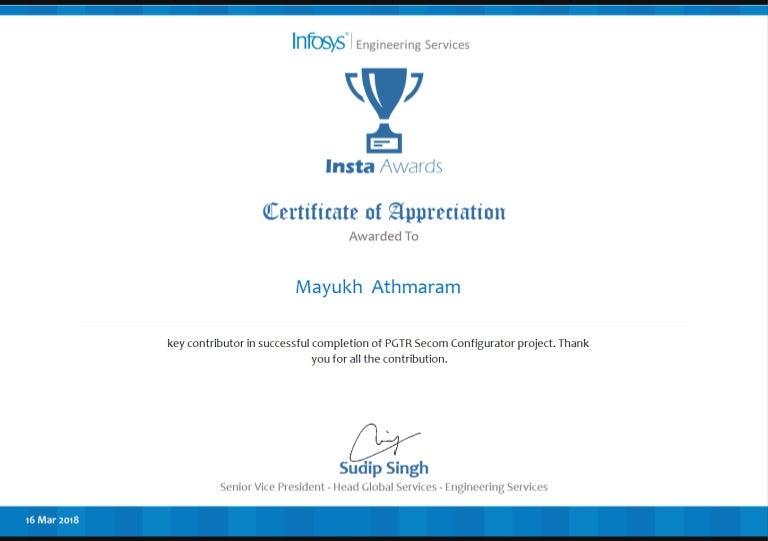 Certificate of Appreciation - Infosys Limited