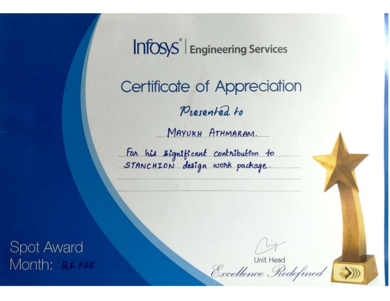 Certificate of appreciation - Infosys Limited