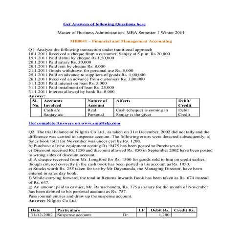 Mb0041 financial and management accounting-SMU Solved MBA semester 1 Assignment | PDF