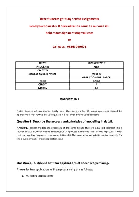 ASSIGNMENT Jan-2019 MS-51 Operations Research | PDF