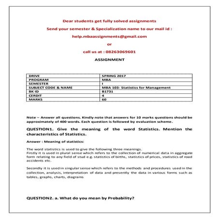 Mba103 statistics for management | DOCX