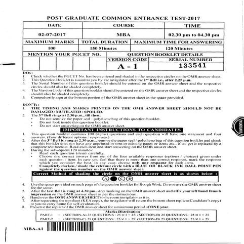 PGCET MBA 2017 question paper | PDF