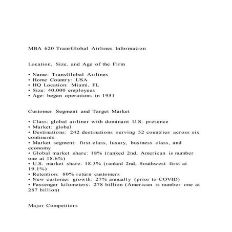 MBA 620 TransGlobal Airlines Information Location, Si | DOCX