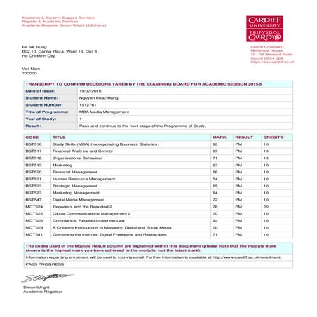 Mba academic transcript nguyen khac hung | PDF