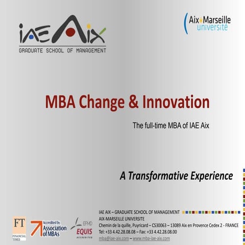 MBA Change of Innovation IAE-AIX Graduate School of Management | PPTX